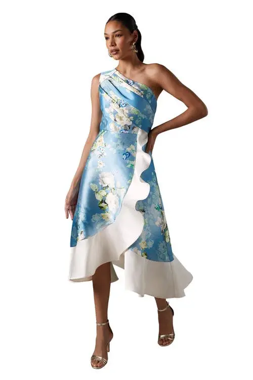 Coast One Shoulder Ruffle Floral Midi Dress - Light Blue
