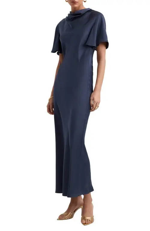 Mango Satin Draped Neck Maxi Dress - Petrol Blue