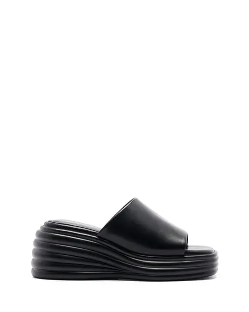 THERAPY AUSTRALIA Flaunt Square Toe Wedge Sandal - Black Smooth Pu
