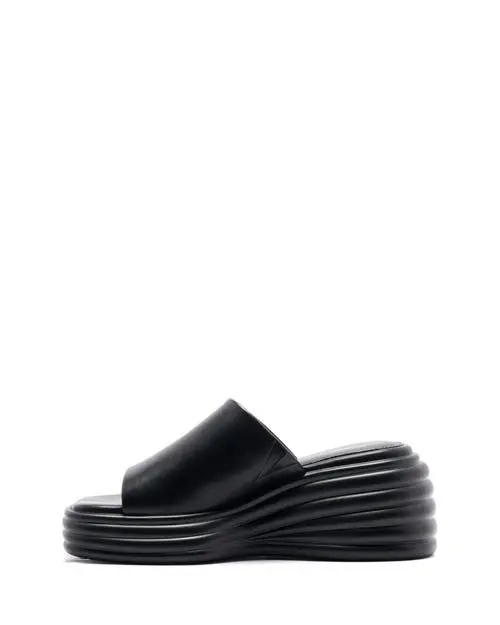 THERAPY AUSTRALIA Flaunt Square Toe Wedge Sandal - Black Smooth Pu