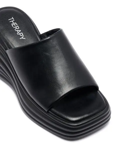 THERAPY AUSTRALIA Flaunt Square Toe Wedge Sandal - Black Smooth Pu
