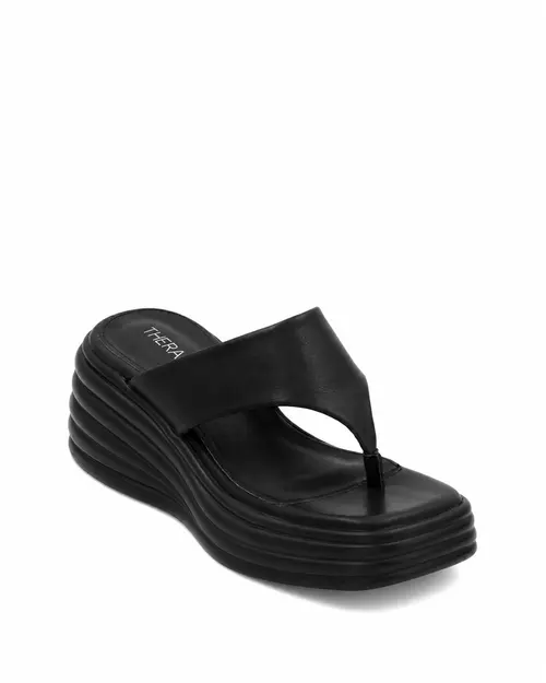 THERAPY AUSTRALIA Frame Square Toe Wedge Sandal - Black Smooth Pu