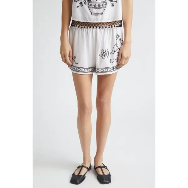 BODE Beaded Cockatoo Poplin Tap Shorts - White