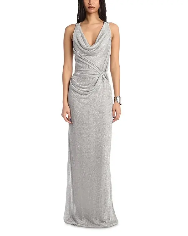 KATE BARTON Knit Gathered Cowl Neck Dress - Silver