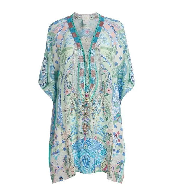 Camilla Silk Embellished Mini Kaftan Dress - Blue