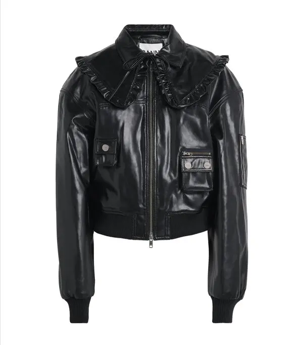 GANNI Recycled Leather Ruffled-collar Jacket