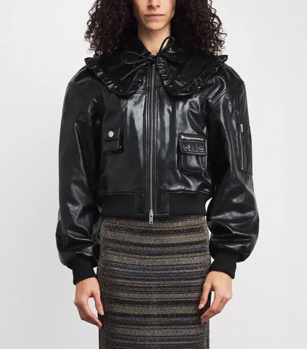 GANNI Recycled Leather Ruffled-collar Jacket