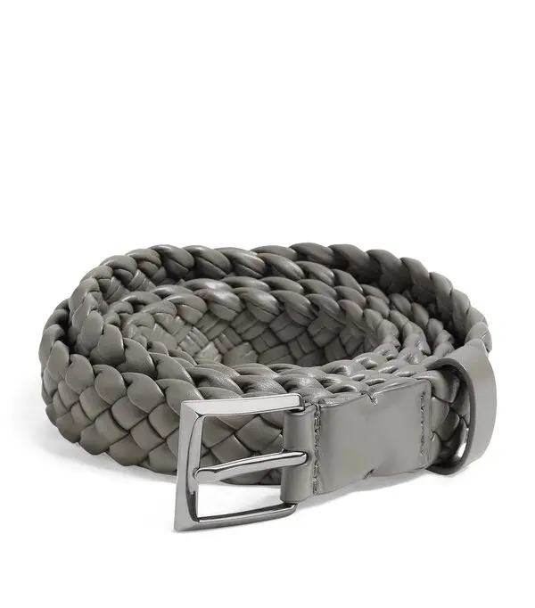 Bottega Veneta Leather Intreccio Solo Belt - Grey