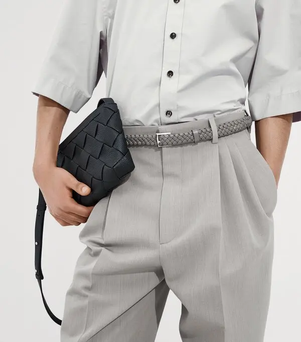 Bottega Veneta Leather Intreccio Solo Belt - Grey