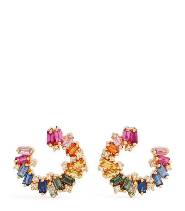 SUZANNE KALAN Yellow Diamond And Rainbow Sapphire Hoop Earrings - Gold