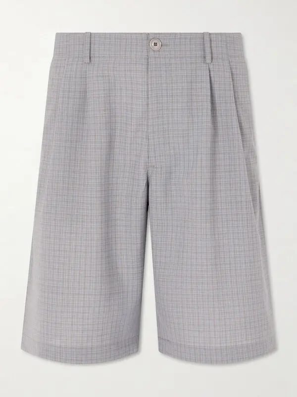 Our Legacy Ponte Straight-leg Pleated Checked Grain De Poudre Shorts - Gray