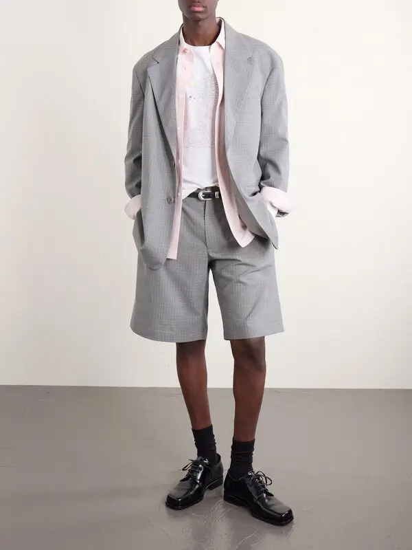 Our Legacy Ponte Straight-leg Pleated Checked Grain De Poudre Shorts - Gray