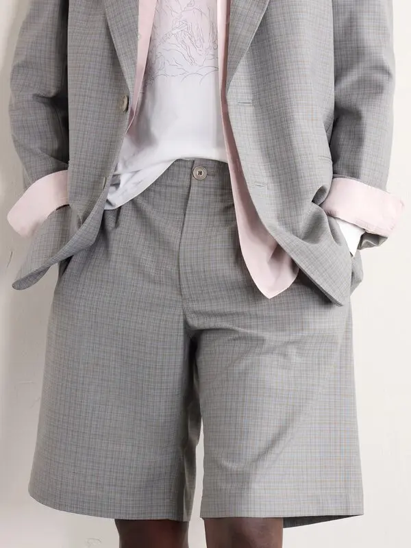 Our Legacy Ponte Straight-leg Pleated Checked Grain De Poudre Shorts - Gray