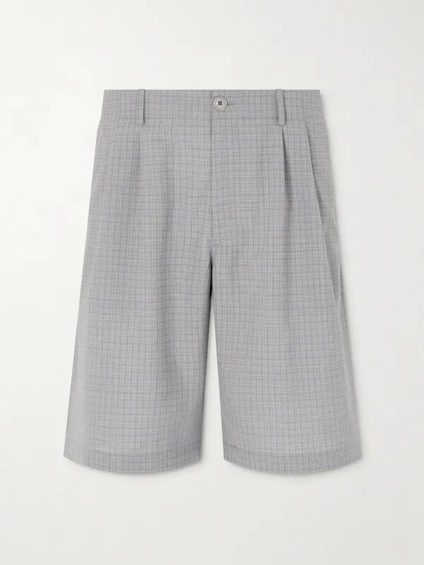 Our Legacy Ponte Straight-leg Pleated Checked Grain De Poudre Shorts - Gray