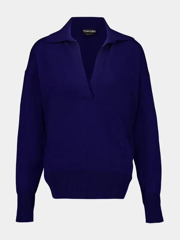 TOM FORD Bright Navy Long Sleeve Cashmere Polo - Blue