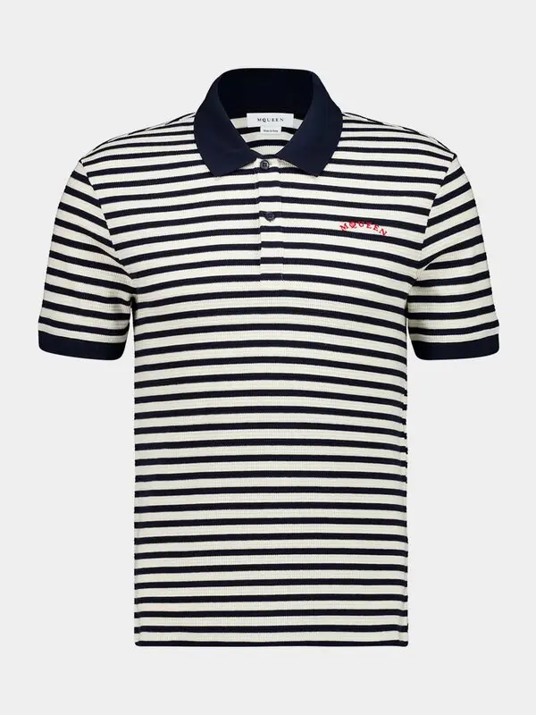 Alexander McQueen Ivory And Navy Striped Polo Shirt - Blue