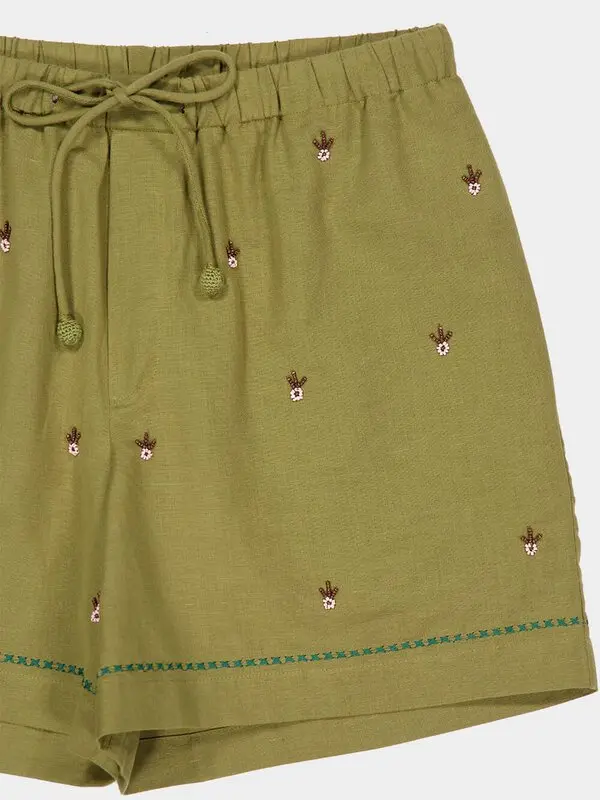 BAZISZT Floral Embroidered Cotton Shorts