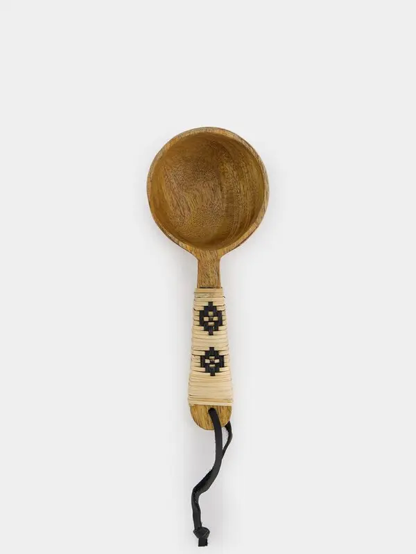 Madam Stoltz Wooden Serving Spoon With Rattan Handle - Black