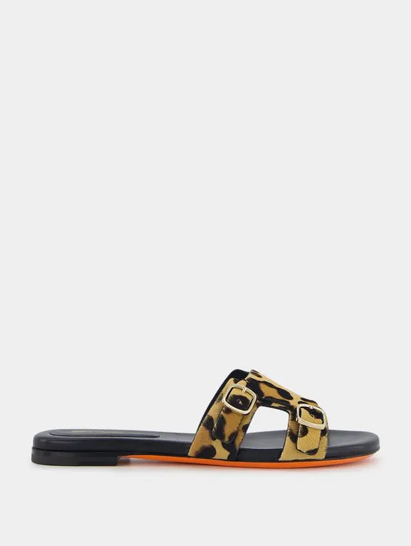 Santoni Leopard-print Double-buckle Leather Slides - Brown