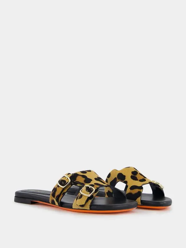 Santoni Leopard-print Double-buckle Calf Hair Slides - Brown