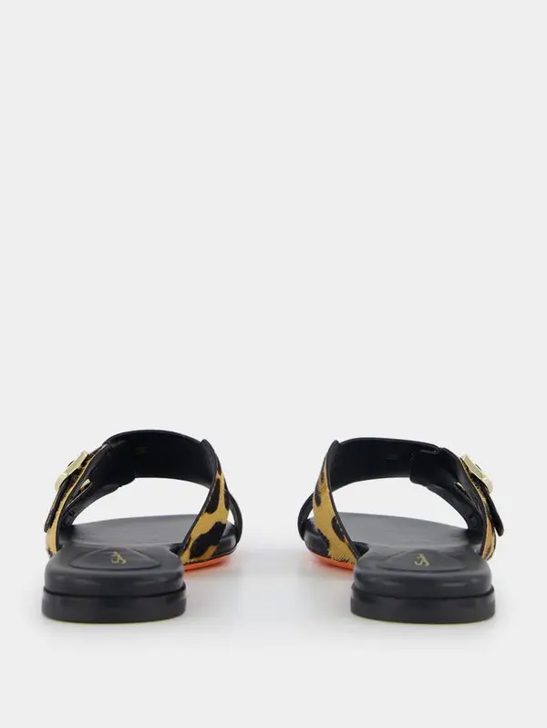 Santoni Leopard-print Double-buckle Calf Hair Slides - Brown