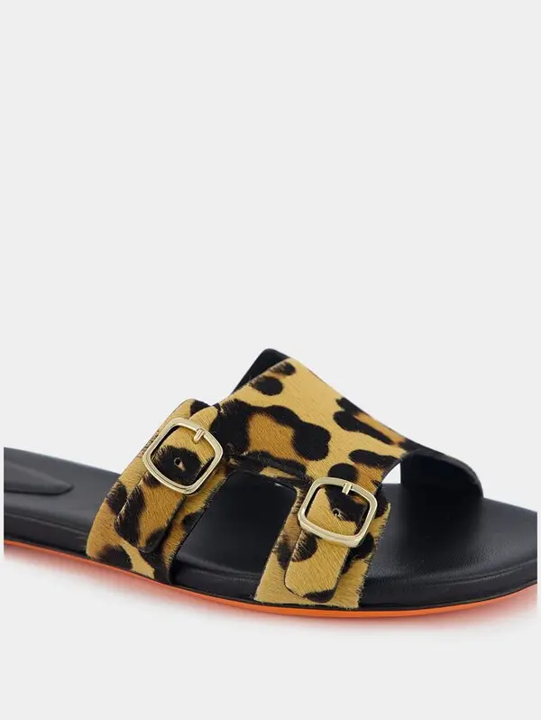Santoni Leopard-print Double-buckle Calf Hair Slides - Brown