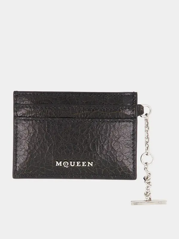 Alexander McQueen Crackled Leather Card Holder With Silver Chain - Black