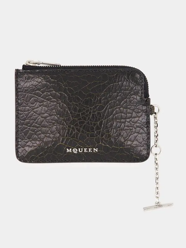 Alexander McQueen Crackled Leather Zip Coin Pouch With Chain - Black