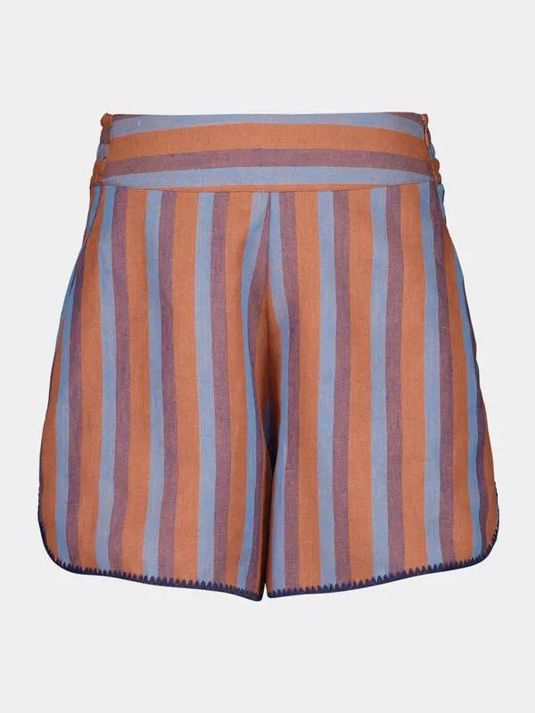 PAULA Calcita Stripes Embroidered Linen Shorts - Blue