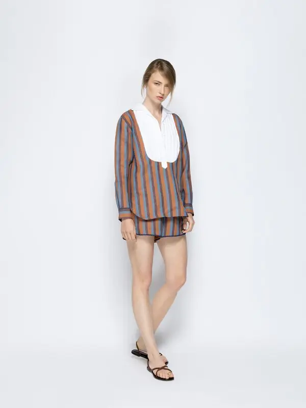 PAULA Calcita Stripes Embroidered Linen Shorts - Blue