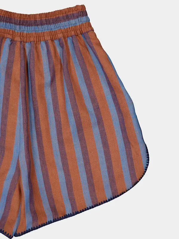 PAULA Calcita Stripes Embroidered Linen Shorts - Blue