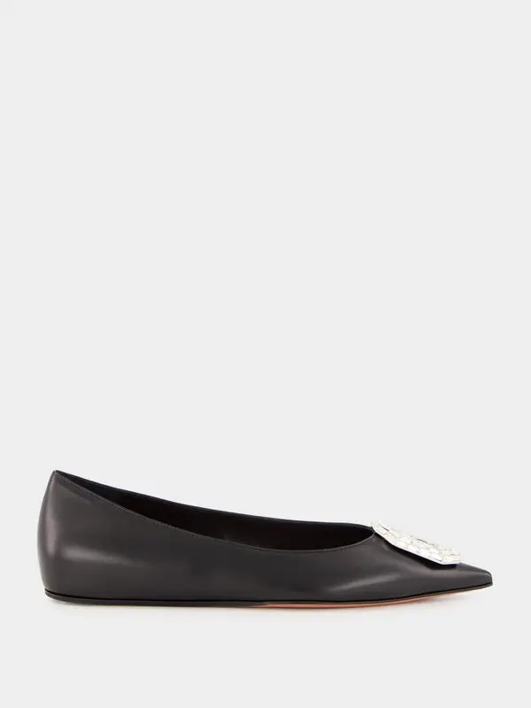 Amina Muaddi Nappa Camelia Flat With White Buckle - Black