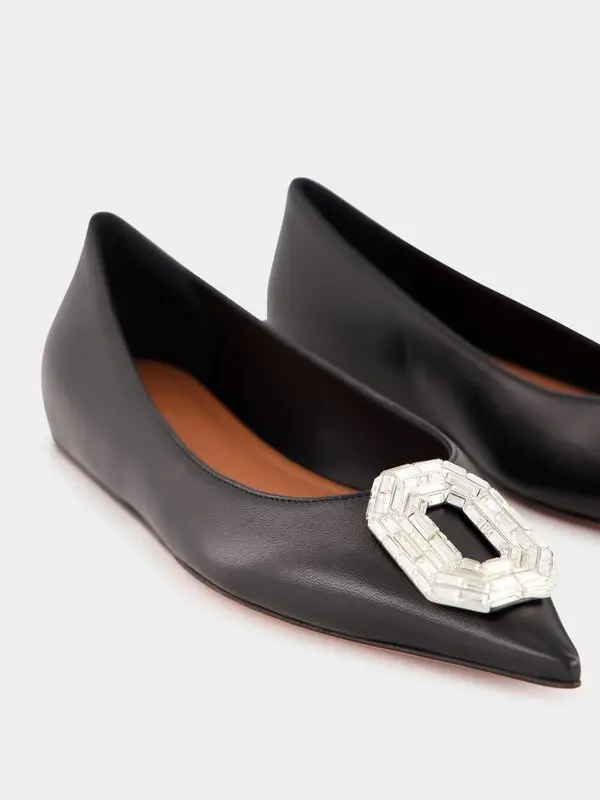 Amina Muaddi Nappa Camelia Flat With White Buckle - Black