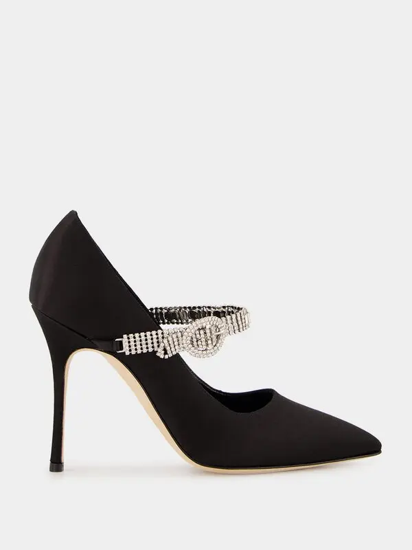 Manolo Blahnik Satin Pumps With Crystal Strap - Black