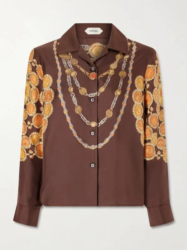 Versace Printed Silk Twill Shirt - Brown