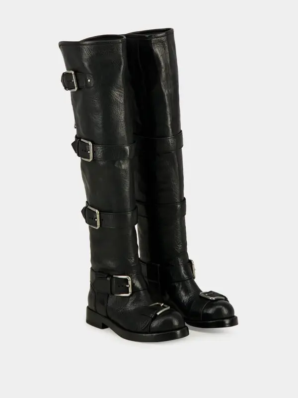 Dolce & Gabbana Horse Leather Buckled Tall Boots - Black