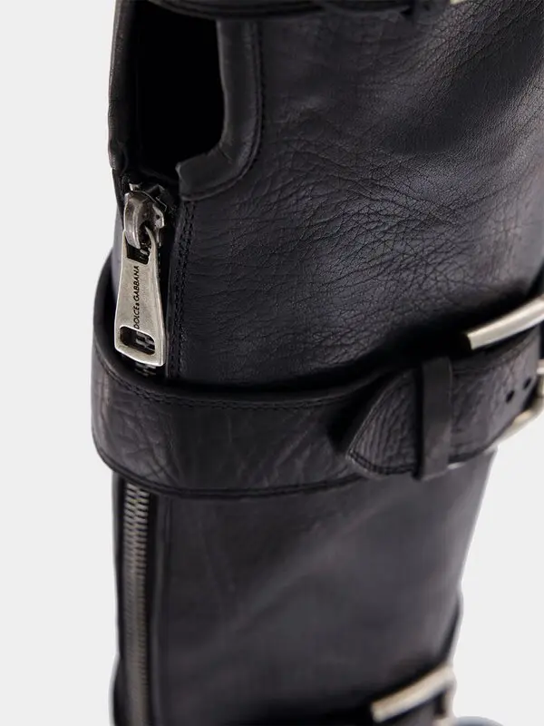 Dolce & Gabbana Horse Leather Buckled Tall Boots - Black