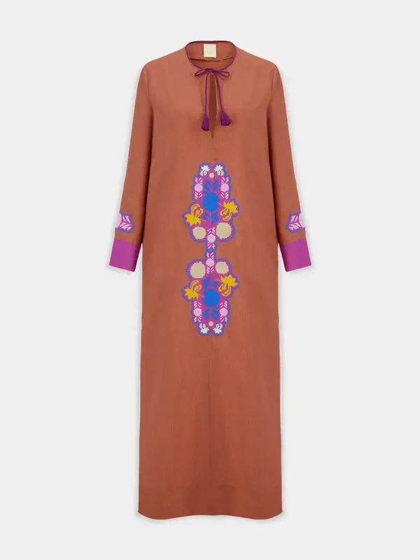 PAULA Camille Caramel Café Linen Dress With Embroidered Patches And Belt - Brown