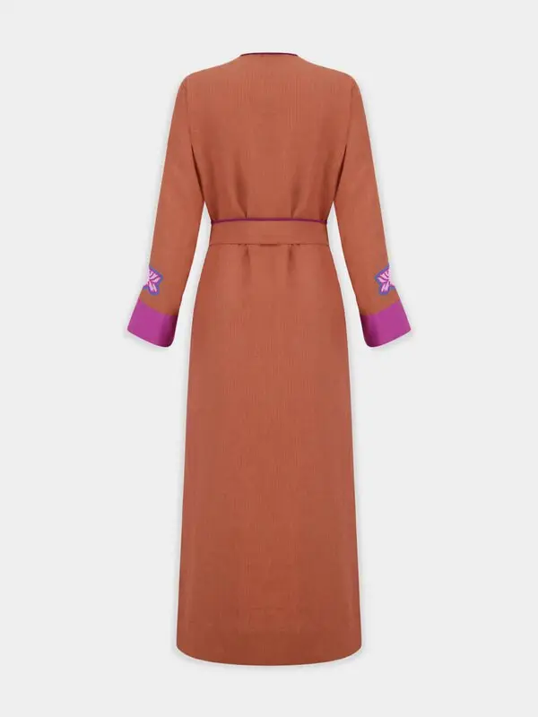 PAULA Camille Caramel Café Linen Dress With Embroidered Patches And Belt - Brown