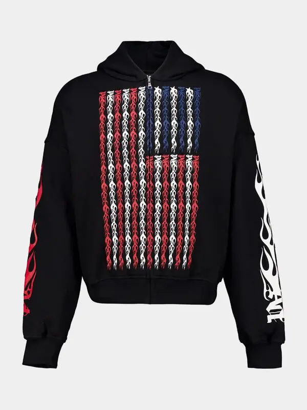 Palm Angels Full-zip Hooded Sweatshirt With Flames Flag