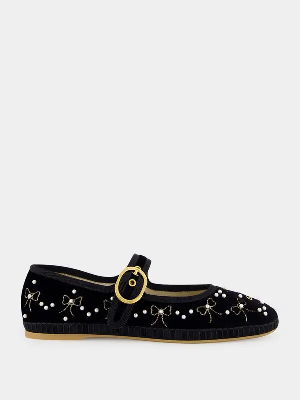 Valentino Garavani Velvet Ballerinas With Beaded Bows - Black