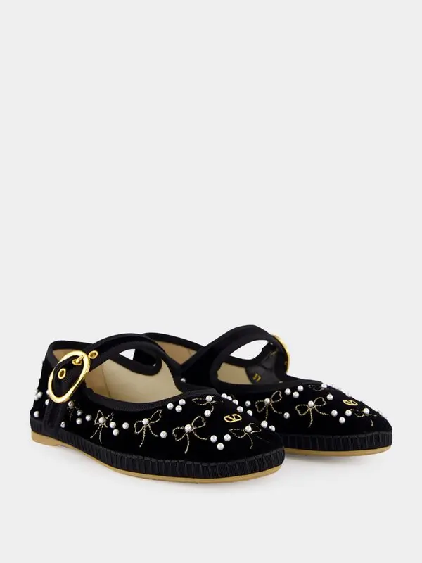 Valentino Garavani Velvet Ballerinas With Beaded Bows - Black