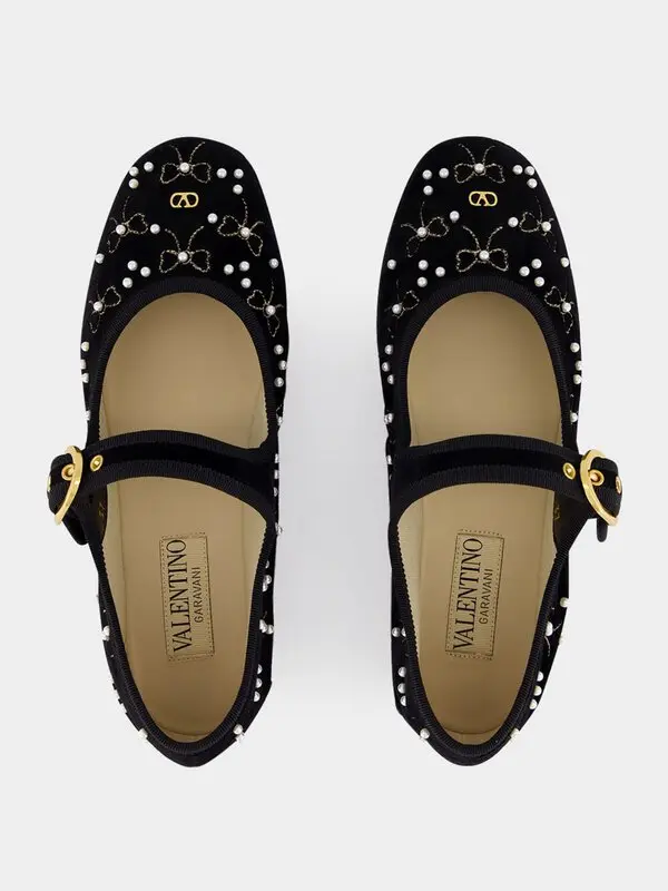 Valentino Garavani Velvet Ballerinas With Beaded Bows - Black