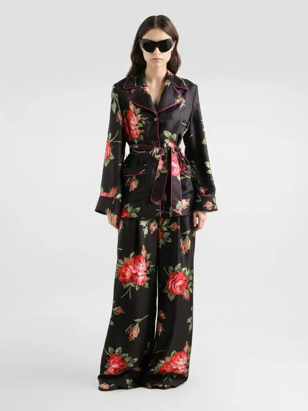 Dolce & Gabbana Rose Bouquet Print Wide Leg Twill Trousers - Pink
