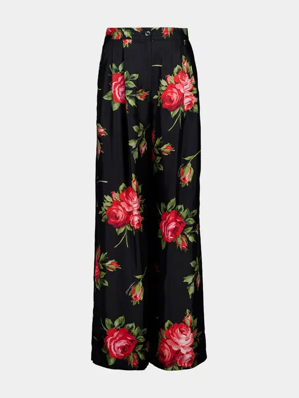 Dolce & Gabbana Rose Bouquet Print Wide Leg Twill Trousers