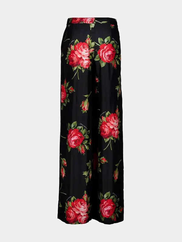 Dolce & Gabbana Rose Bouquet Print Wide Leg Twill Trousers