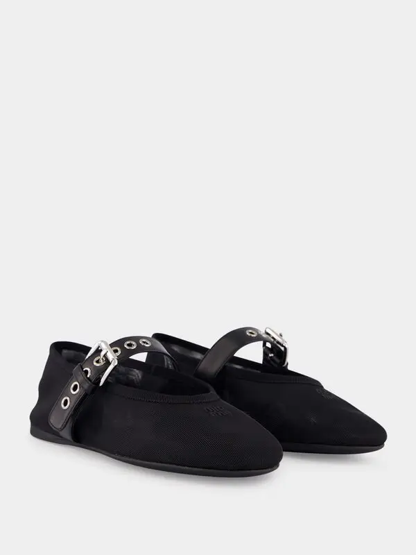 Miu Miu Mesh Ballerinas With Leather Strap - Black