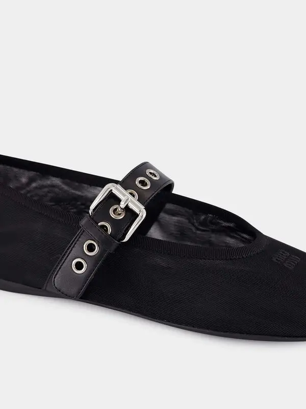 Miu Miu Mesh Ballerinas With Leather Strap - Black