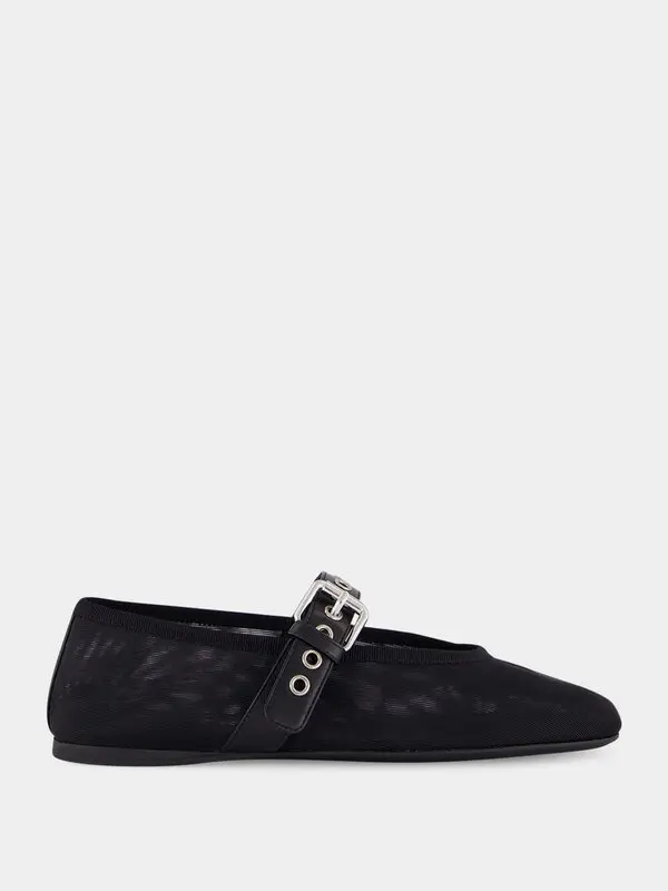 Miu Miu Mesh Ballerinas With Leather Strap - Black