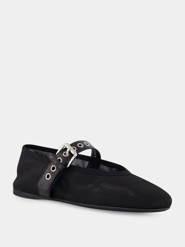 Miu Miu Mesh Ballerinas With Leather Strap - Black